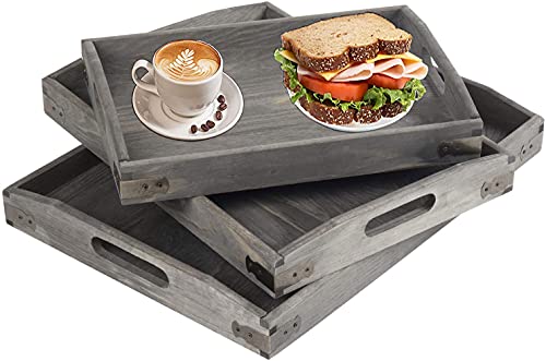 Owlgift Vintage Grey Wood Serving Trays with Brass Metal Wrap Accents, Set of 3
