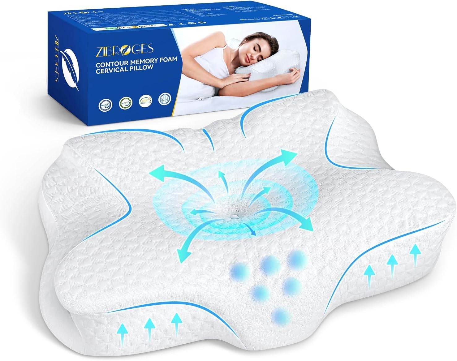 Zibroges Cervical Memory Foam Pillow for Neck Shoulder Pain Relief Sleeping Supports Your Head, Ergonomic Orthopedic Contoured Cooling Bed Pillow for Side, Back and Stomach Sleepers