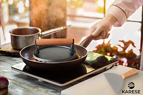 Round Cast Iron Bacon Press 2.4 lbs Weight Comes Complete with Spatula, Grill Press with Beech Wood Handle Ideal for Bacon, Burger, Sandwich and Steak