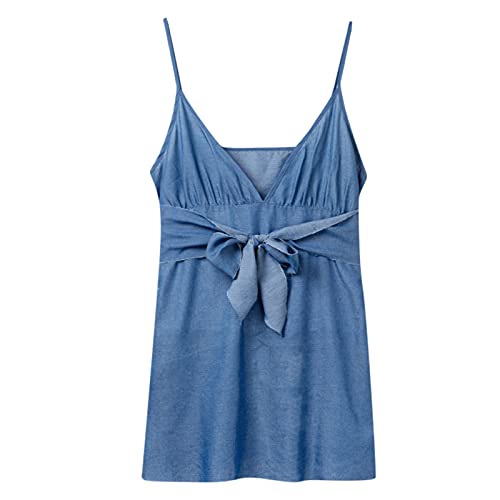 WYTong Women's V Neck Denim Dresses Summer Casual Jumpsuits Solid Color With Sexy Bag Hip Bench Party Dress(Blue,Small)