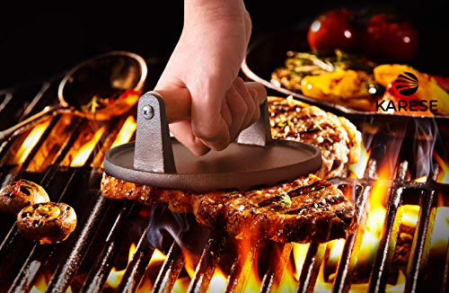 Round Cast Iron Bacon Press 2.4 lbs Weight Comes Complete with Spatula, Grill Press with Beech Wood Handle Ideal for Bacon, Burger, Sandwich and Steak