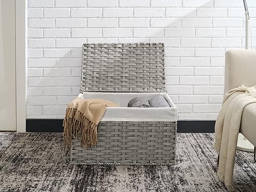 StorageWorks Wicker Storage Basket with Lid, 65L Square Wicker Baskets with lids and Removable Liner, Wicker Storage Trunk, Wicker Basket with Lid for Bedroom, Closet, Bathroom - Grey