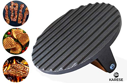 Round Cast Iron Bacon Press 2.4 lbs Weight Comes Complete with Spatula, Grill Press with Beech Wood Handle Ideal for Bacon, Burger, Sandwich and Steak