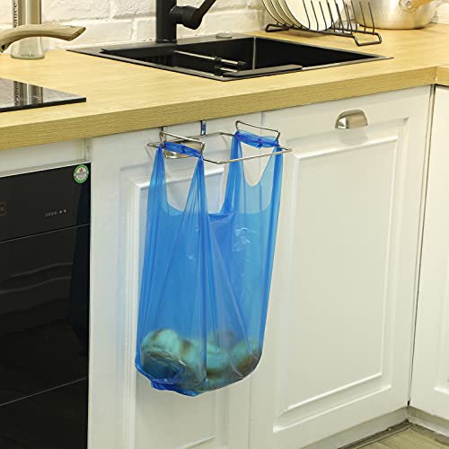 Hotop 3 Pieces Over The Cabinet Plastic Bag Holder Hanging Trash Bag Holder Made of Metal Garbage Bag Hanging Rack Rubbish Bag Holder for Kitchen Practical Sturdy Under Counter Over Door Silver