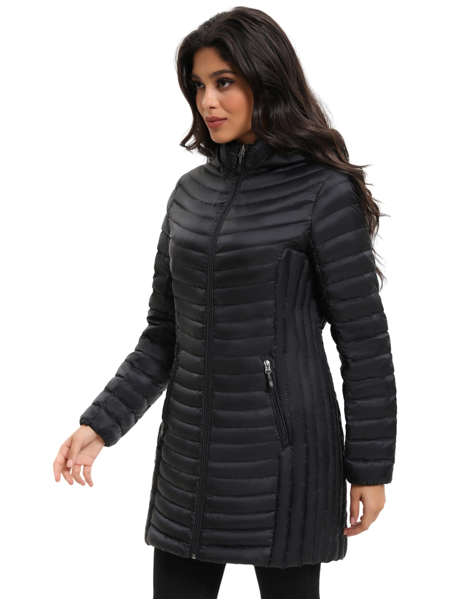 ANOTHER CHOICE Women Lightweight Down Jacket Winter Puffer Jacket with Hood, Black, Medium