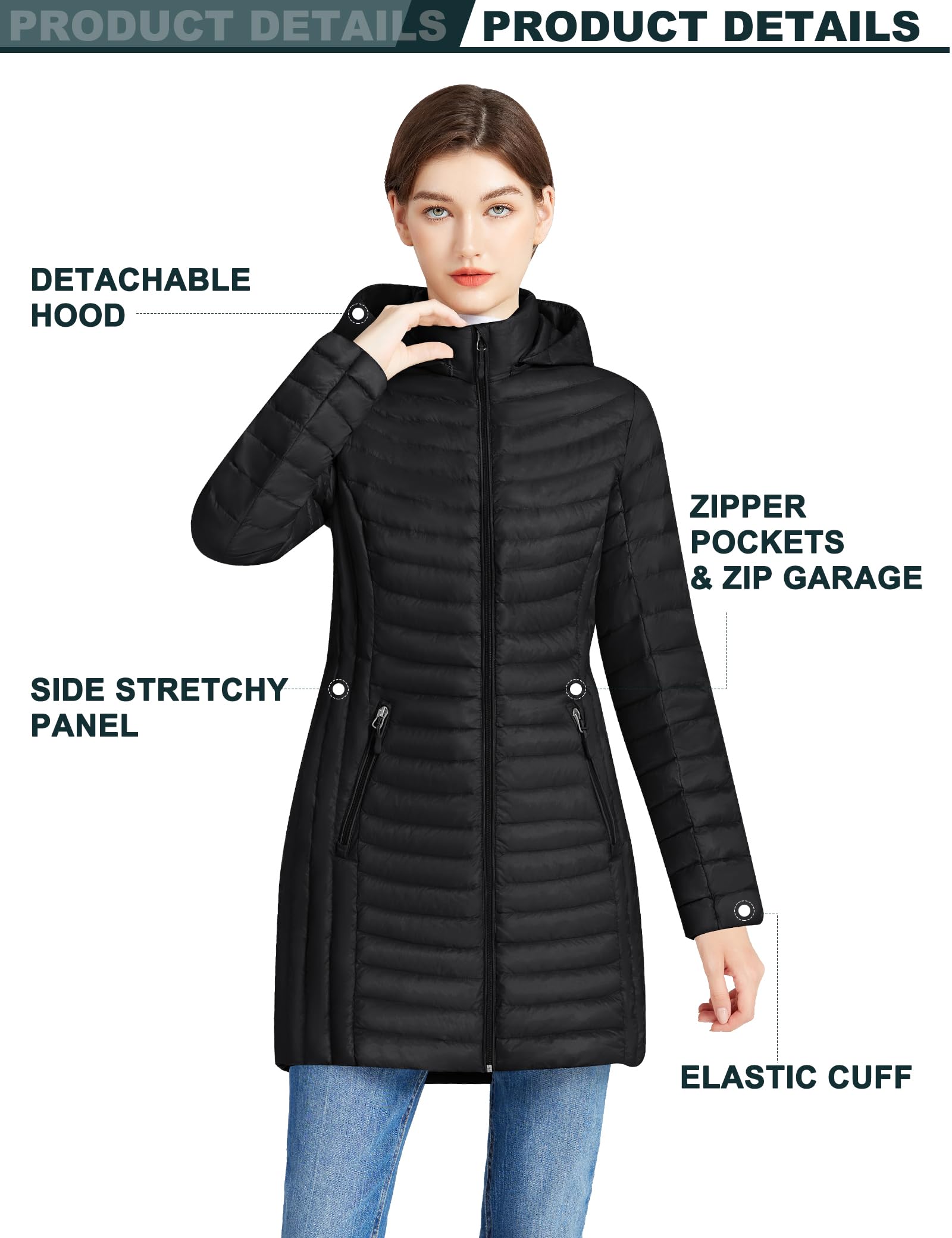 ANOTHER CHOICE Women Lightweight Down Jacket Winter Puffer Jacket with Hood, Black, Medium
