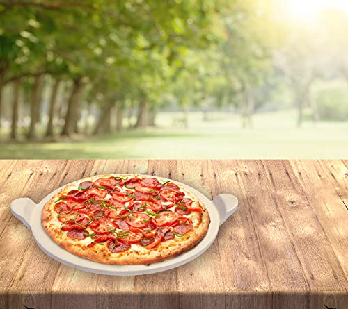 Baking Pizza Stone with handles for Grill, Oven & BBQ15” Durable, Certified Safe, for Ovens & Grills. Bonus Silicone Mitt.