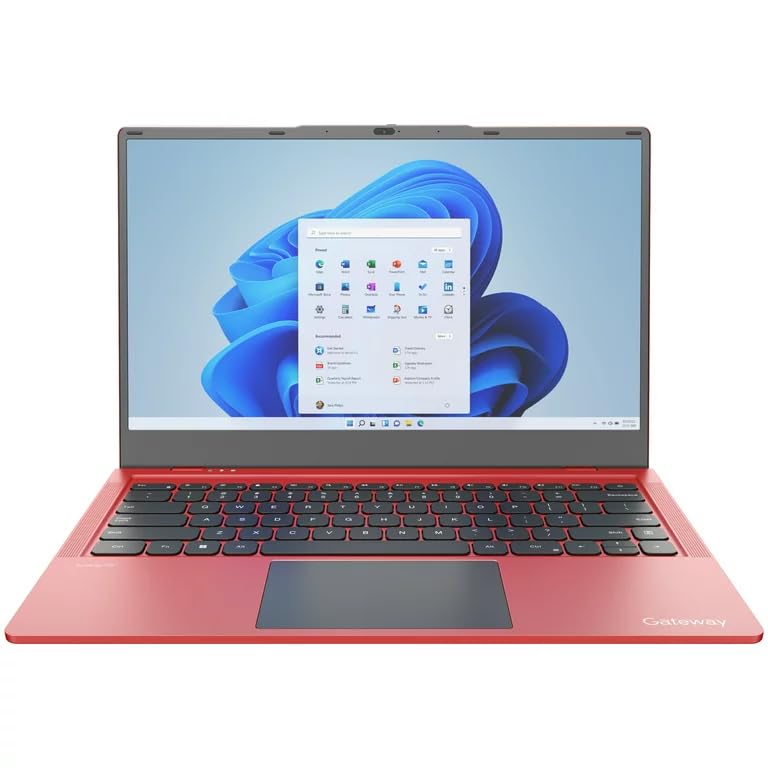Gateway 15.6" HD Ultra Slim Notebook, Intel® Celeron® N4020, 4GB RAM, 128GB Storage, Tuned by THX Audio, 1MP Camera, HDMI, Windows 11, Microsoft 365 Personal 1-Year Included, Red + Accessories
