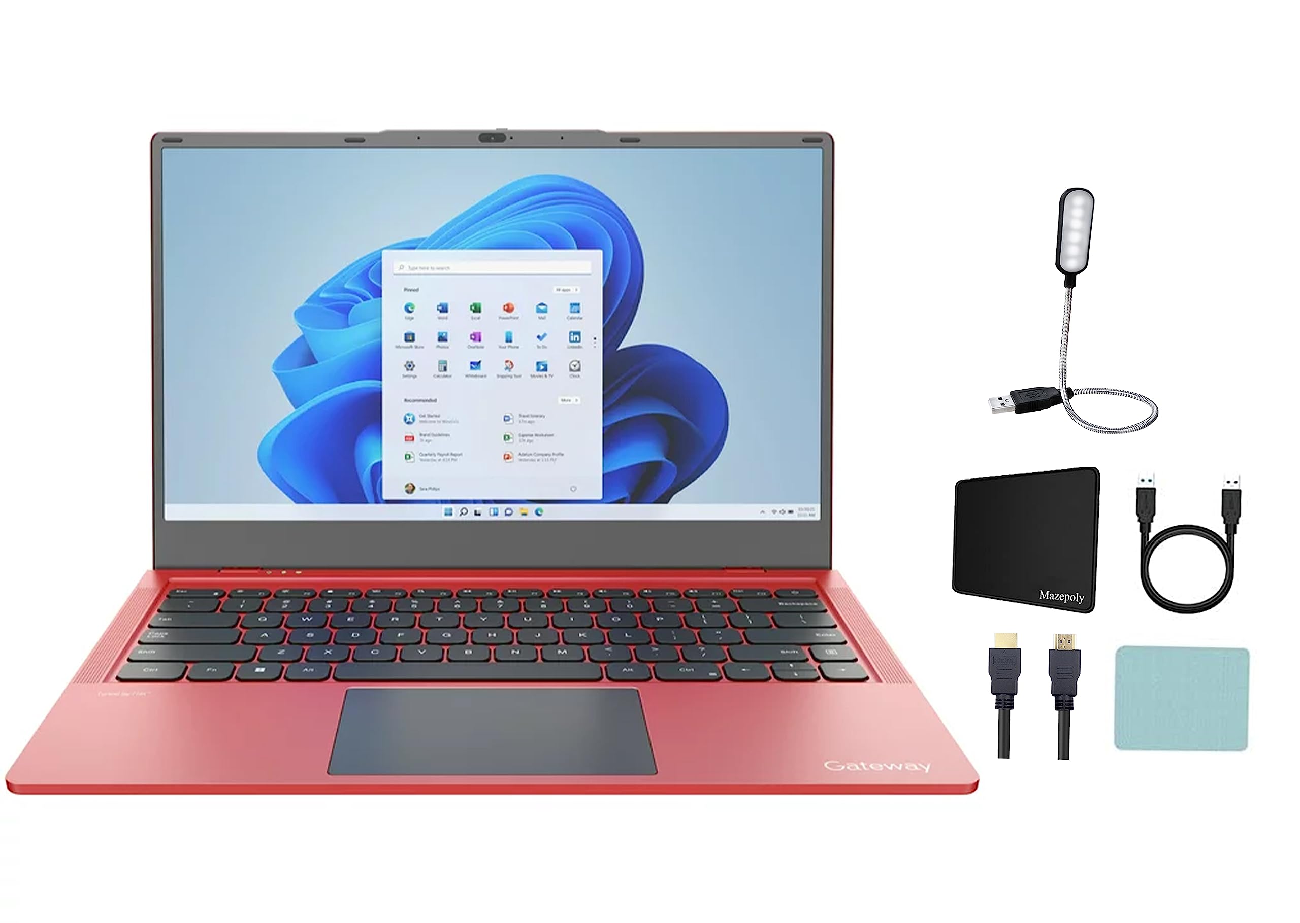 Gateway 15.6" HD Ultra Slim Notebook, Intel® Celeron® N4020, 4GB RAM, 128GB Storage, Tuned by THX Audio, 1MP Camera, HDMI, Windows 11, Microsoft 365 Personal 1-Year Included, Red + Accessories