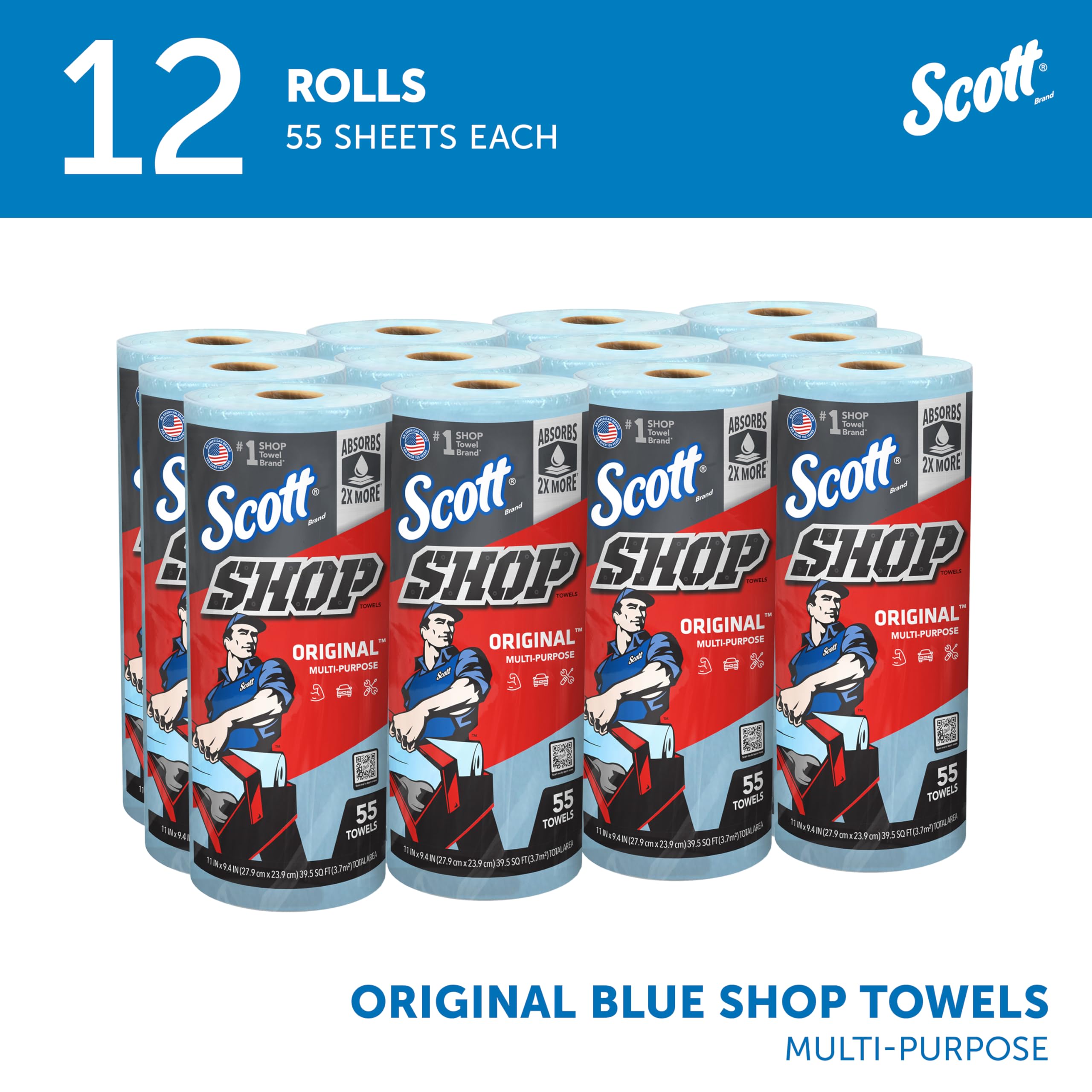 Scott Shop Towels Original (75147), Blue, 55 Sheets/Standard Roll, 12 Rolls/Case, 660 Towels/Case