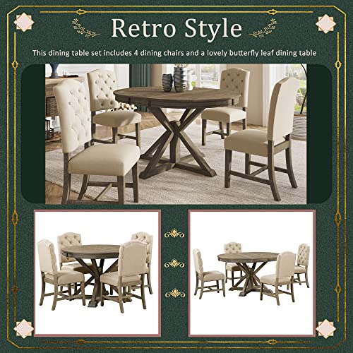 LCH 5-Piece Functional Furniture Retro Style, Extendable Round Set with Table and 4 Upholstered Chairs for Dining Living Room (Natural Wood Wash)