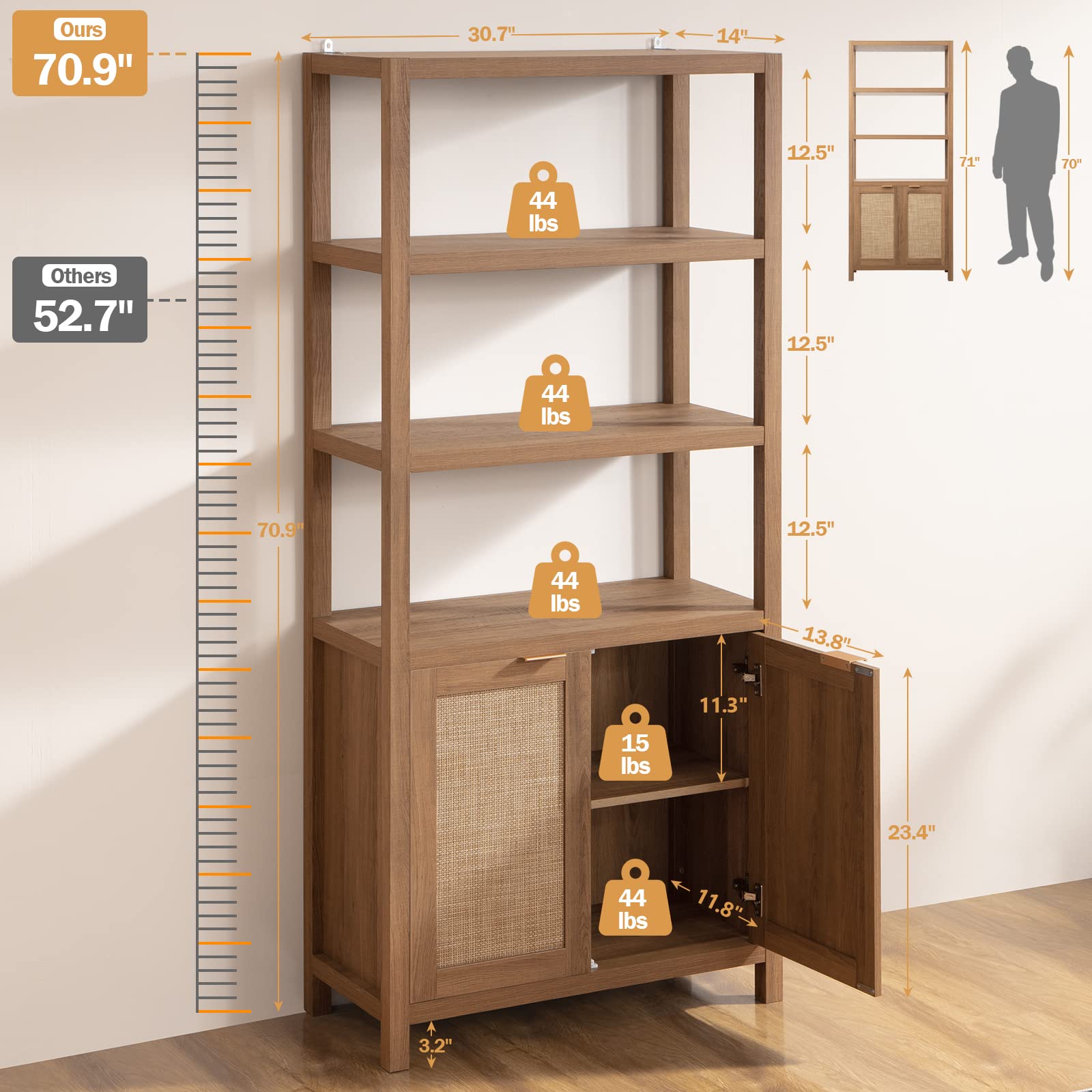 SICOTAS Bookshelf 5 Tier Book Shelf Rattan Boho 71" Tall Bookcase with Doors Storage Shelves Large Bookshelves Farmhouse Bookcases Library Book Case for Living Room Bedroom Home Office Kitchen