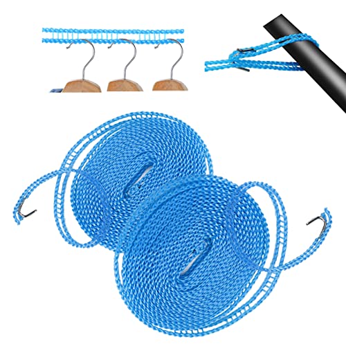 HISAFA 2 Pack Portable Clothes Line with Hooks 16.4 ft Nylon Blue