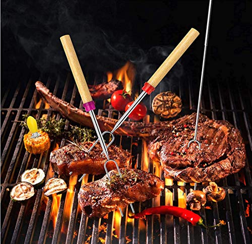 HSHKJ Marshmallow Roasting Stick 8 Packs Smores Skewers for fire Pit Telescoping BBQ Fork with Wooden Handle for Sausage Hot Dog Campfire Camping Stove Grill Kit with Portable Bag,32Inch