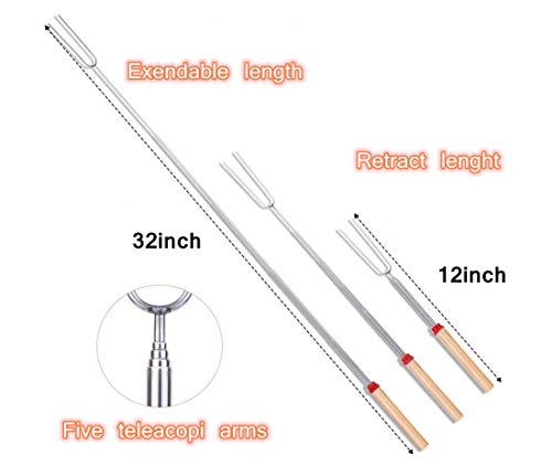 HSHKJ Marshmallow Roasting Stick 8 Packs Smores Skewers for fire Pit Telescoping BBQ Fork with Wooden Handle for Sausage Hot Dog Campfire Camping Stove Grill Kit with Portable Bag,32Inch