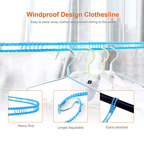 HISAFA 2 Pack Portable Clothes Line with Hooks 16.4 ft Nylon Blue
