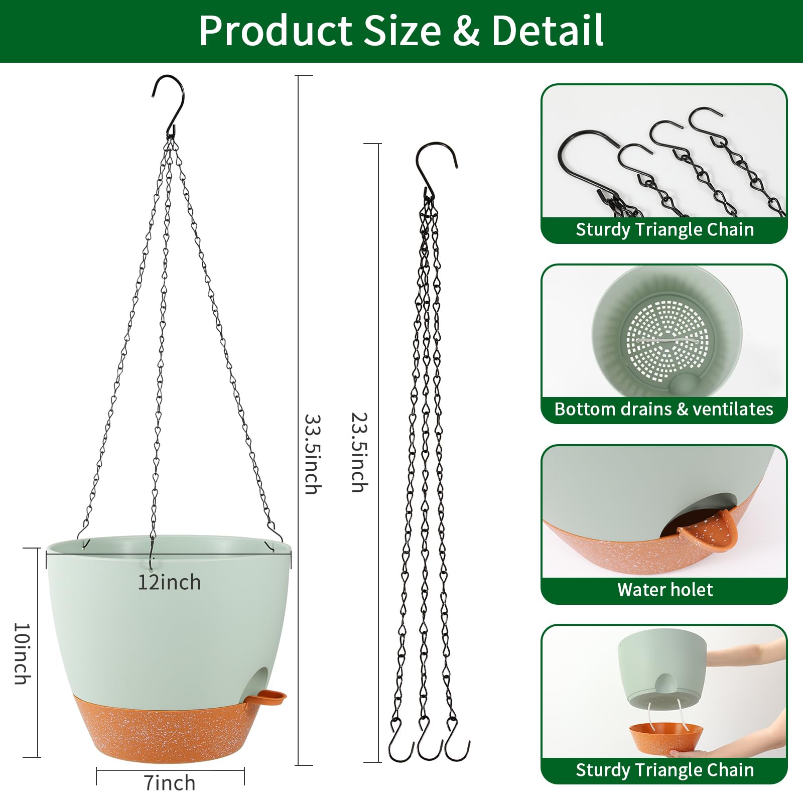 GARDIFE Large Hanging Planter, 12 inch Hanging planters for Indoor. Outdoor Plants, Self Watering Plant Pot, Plant Hanger, Green