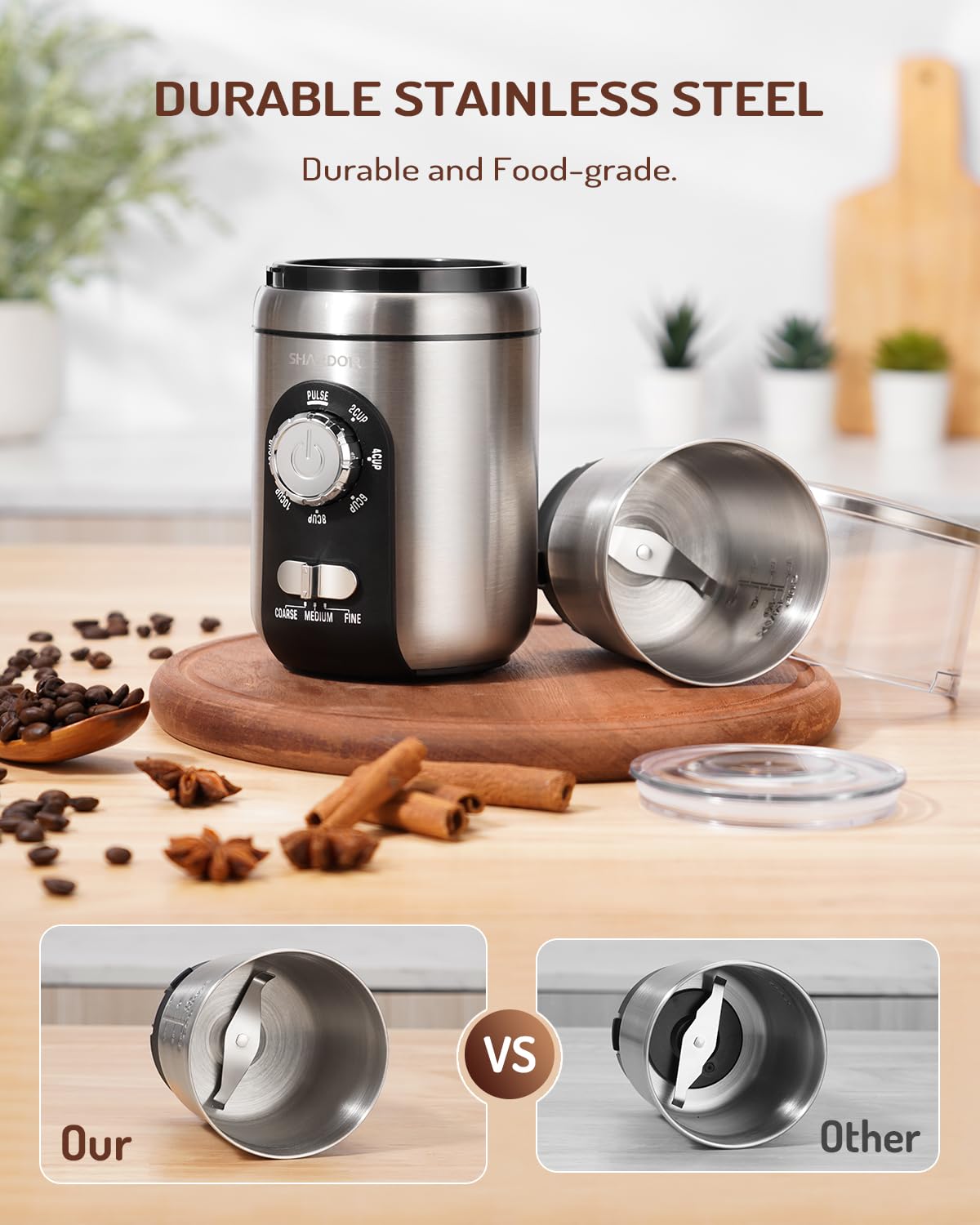 SHARDOR Adjustable 12 Cup Coffee Grinder Electric with 3 Grinding Settings, Stainless Steel Coffee Bean Grinder for Spice Nut Herb, Espresso Grinder with 1 Removable Stainless Steel Cup
