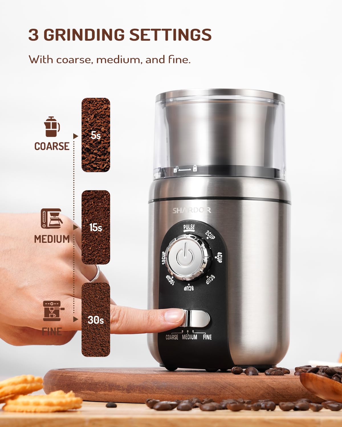 SHARDOR Adjustable 12 Cup Coffee Grinder Electric with 3 Grinding Settings, Stainless Steel Coffee Bean Grinder for Spice Nut Herb, Espresso Grinder with 1 Removable Stainless Steel Cup