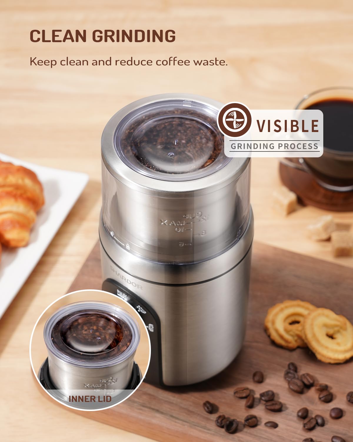 SHARDOR Adjustable 12 Cup Coffee Grinder Electric with 3 Grinding Settings, Stainless Steel Coffee Bean Grinder for Spice Nut Herb, Espresso Grinder with 1 Removable Stainless Steel Cup