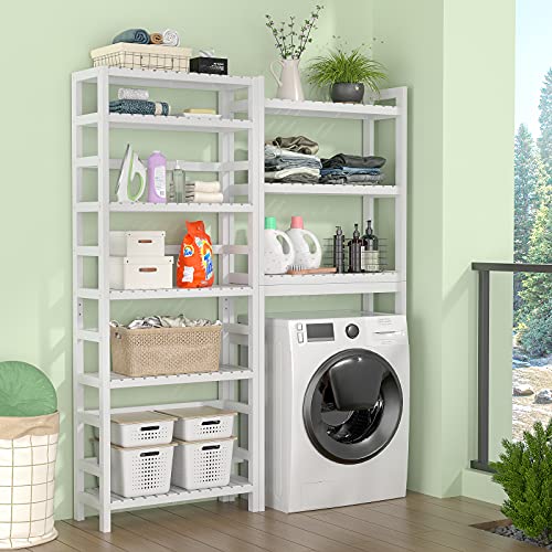 Homykic Bookshelf, 6-Tier Bamboo Adjustable 63.4β Tall Bookcase Book Shelf Organizer Free Standing Storage Shelving Unit for Living Room, Kitchen, Bedroom, Bathroom, Office, Rust Resistance, White