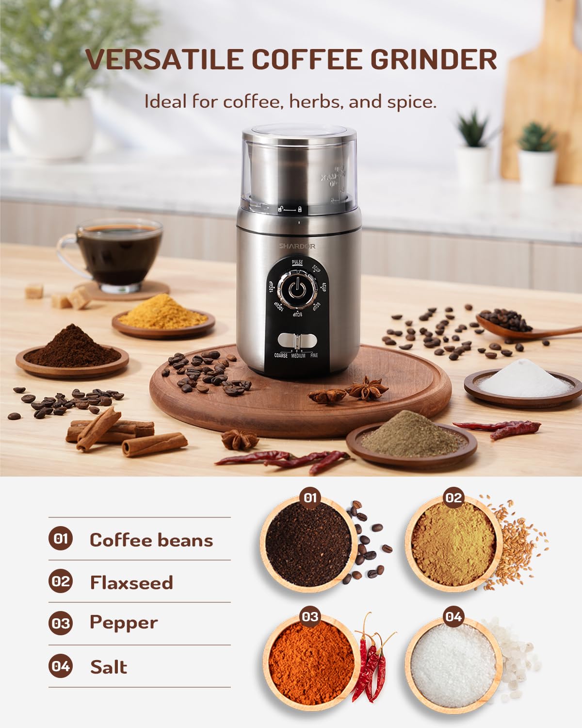 SHARDOR Adjustable 12 Cup Coffee Grinder Electric with 3 Grinding Settings, Stainless Steel Coffee Bean Grinder for Spice Nut Herb, Espresso Grinder with 1 Removable Stainless Steel Cup
