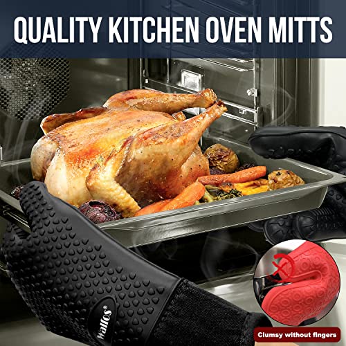Walfos Grilling Gloves - Heat Resistant Silicone Oven Mitt, Premium Non-Slip Silicone Internal Protective Cotton Layer, Waterproof, Great for Grilling, Kitchen and Cooking (Black)…