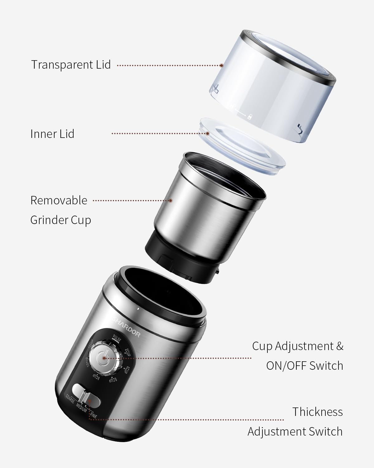 SHARDOR Adjustable 12 Cup Coffee Grinder Electric with 3 Grinding Settings, Stainless Steel Coffee Bean Grinder for Spice Nut Herb, Espresso Grinder with 1 Removable Stainless Steel Cup