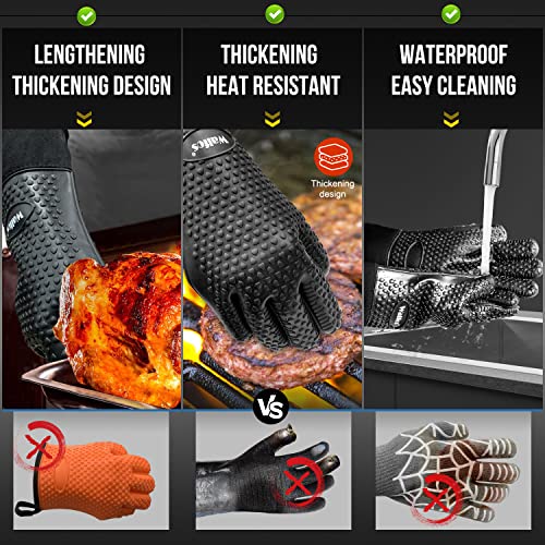 Walfos Grilling Gloves - Heat Resistant Silicone Oven Mitt, Premium Non-Slip Silicone Internal Protective Cotton Layer, Waterproof, Great for Grilling, Kitchen and Cooking (Black)…