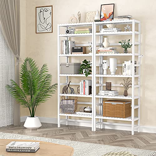 Homykic Bookshelf, 6-Tier Bamboo Adjustable 63.4β Tall Bookcase Book Shelf Organizer Free Standing Storage Shelving Unit for Living Room, Kitchen, Bedroom, Bathroom, Office, Rust Resistance, White