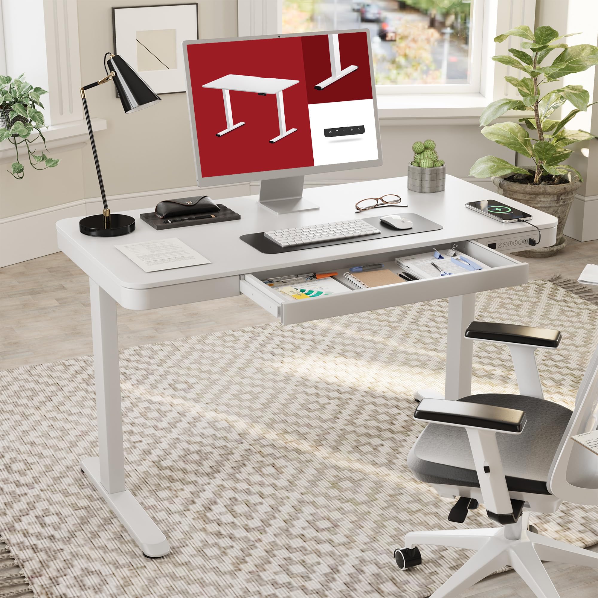 SANODESK Standing Desk with Drawer, Electric Height Adjustable Home Office Desk with Storage & USB Ports, 48 inch White Wood Tabletop/White Frame