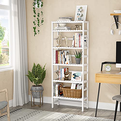 Homykic Bookshelf, 6-Tier Bamboo Adjustable 63.4β Tall Bookcase Book Shelf Organizer Free Standing Storage Shelving Unit for Living Room, Kitchen, Bedroom, Bathroom, Office, Rust Resistance, White