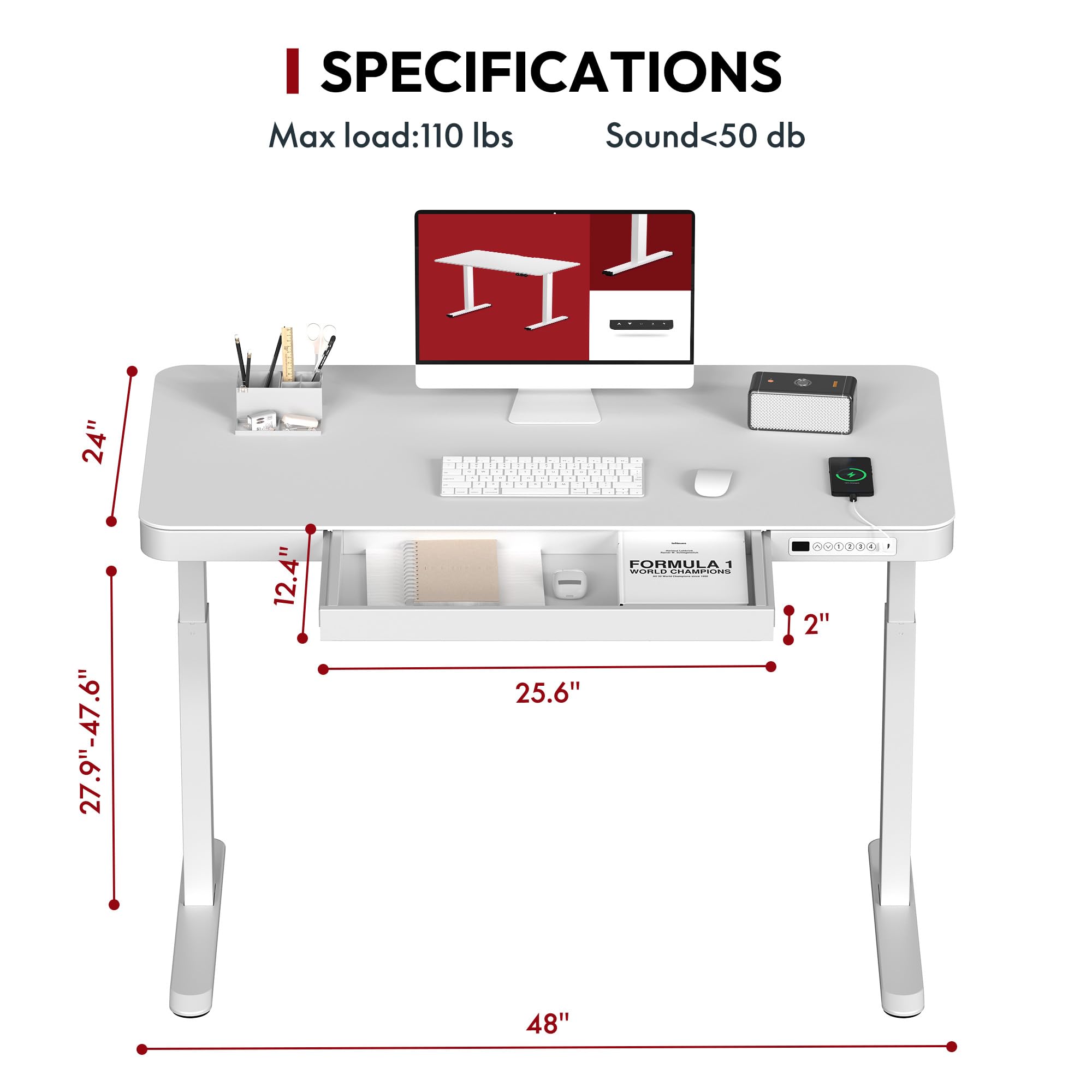 SANODESK Standing Desk with Drawer, Electric Height Adjustable Home Office Desk with Storage & USB Ports, 48 inch White Wood Tabletop/White Frame