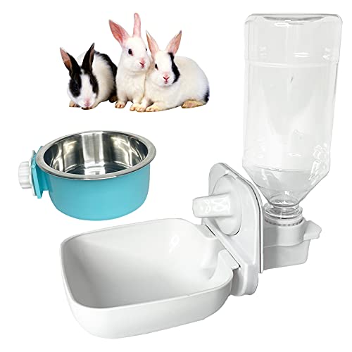kathson Rabbit Water Bottle Bunny Food Bowl Hanging Fountain Automatic Dispenser Pet No Leak WaterFeeder Small Animals Drinking Feeder Stainless Steel Dish for Ferret Dog Cats 2PCS