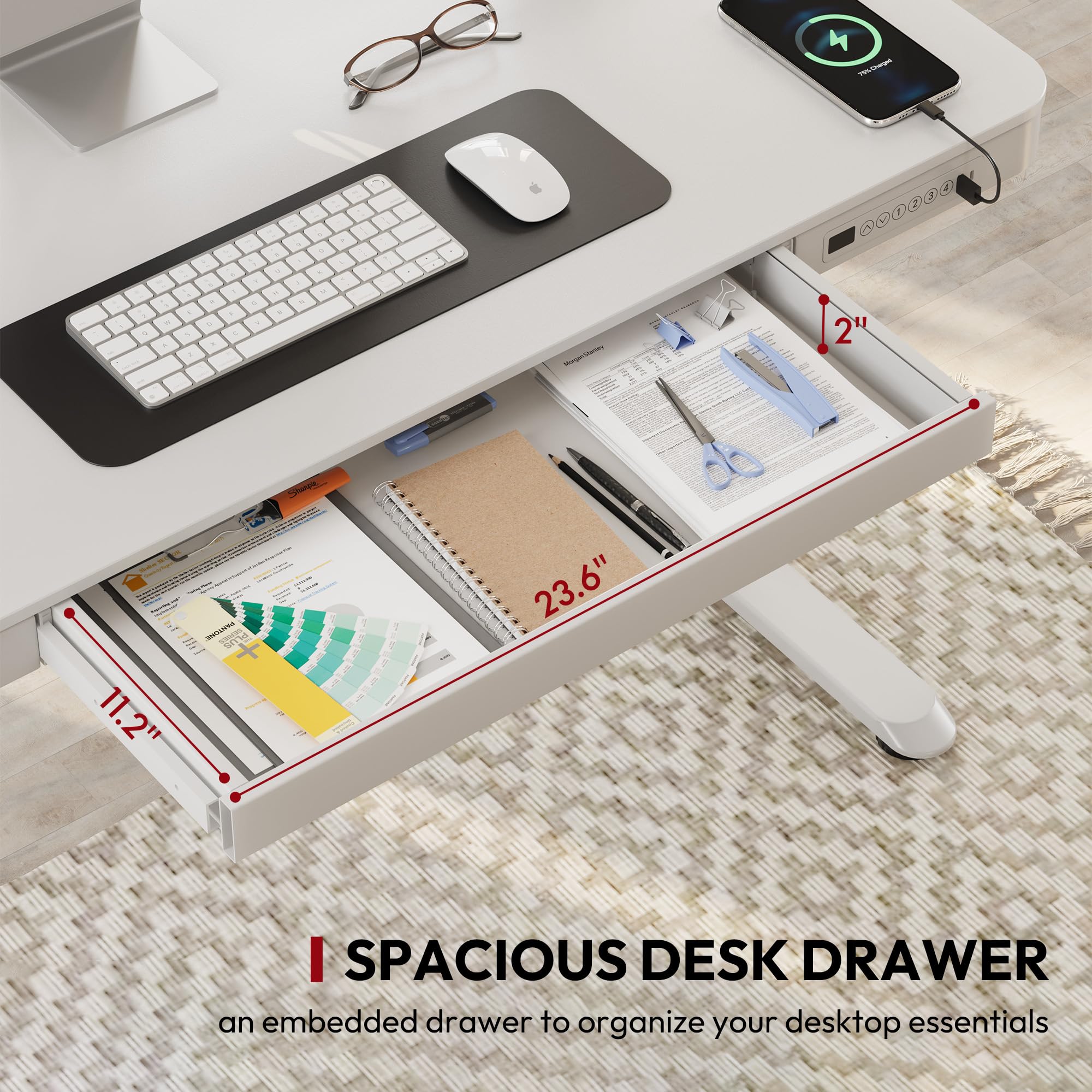 SANODESK Standing Desk with Drawer, Electric Height Adjustable Home Office Desk with Storage & USB Ports, 48 inch White Wood Tabletop/White Frame