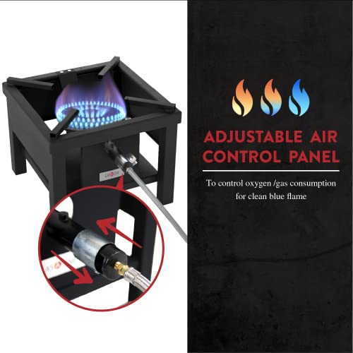 GasOne B-5250 100,000 BTU Square Heavy-Duty Propane Burner Outdoor Gas Cooker with Adjustable 0-20 PSI Regulator & Steel Braided Hose