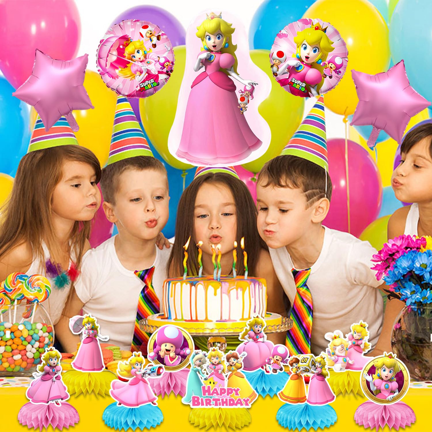 5Pcs Princess Peach Foil Balloons,Mario Theme Birthday Party Decorations Supplies for Girl (A)