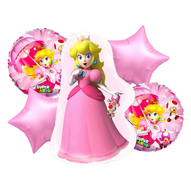 5Pcs Princess Peach Foil Balloons,Mario Theme Birthday Party Decorations Supplies for Girl (A)