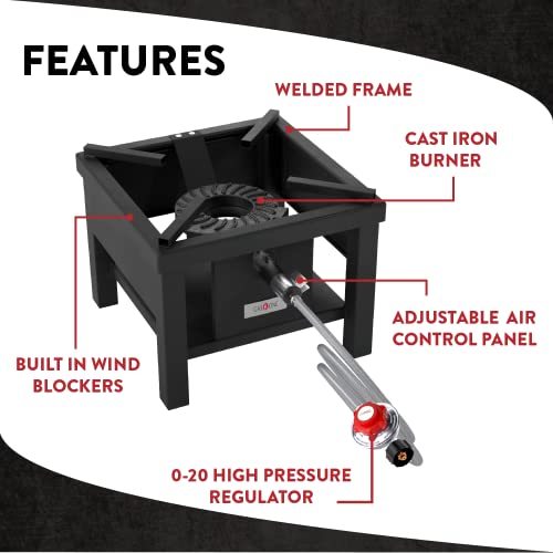 GasOne B-5250 100,000 BTU Square Heavy-Duty Propane Burner Outdoor Gas Cooker with Adjustable 0-20 PSI Regulator & Steel Braided Hose