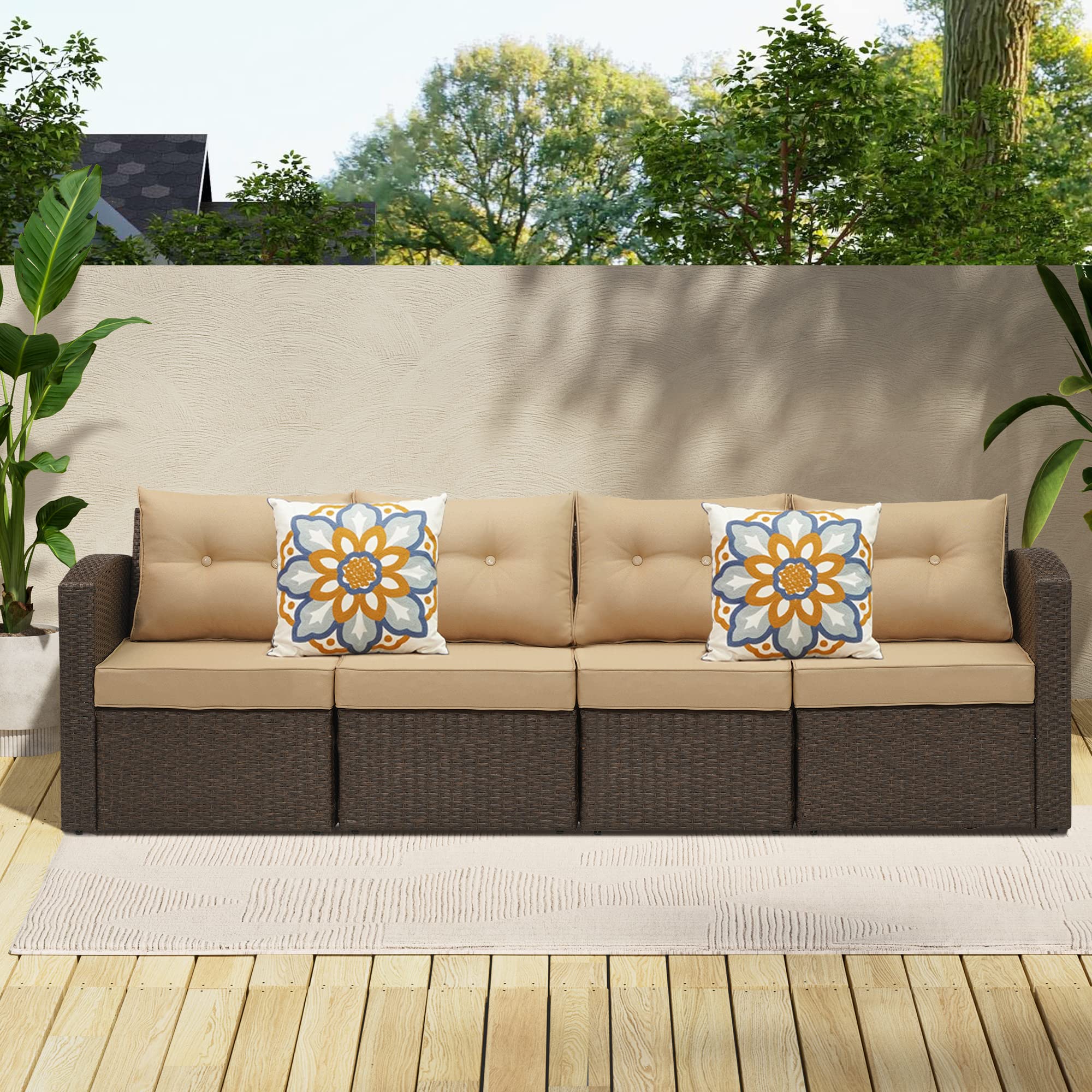 SUNVIVI OUTDOOR Patio Couch Sofa,4-Seat Outdoor Wicker Brown Rattan Sectional Couch Furniture Aluminum Frame with Non-Slip Beige Cushion