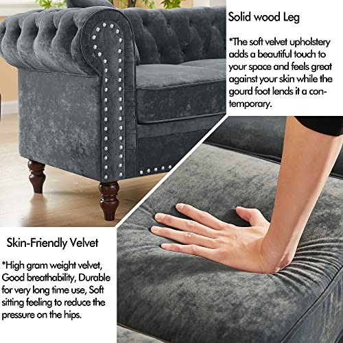 ERYE 80" L-Shaped Corner Symmetrical Sectional Sofa,Button Tufted Velvet Upholstered Modular Sofa & Couch,Classic Chesterfield Luxury Roller Armrest Couch,Nail Head Decor with 3 Pillows,Graphite Gray