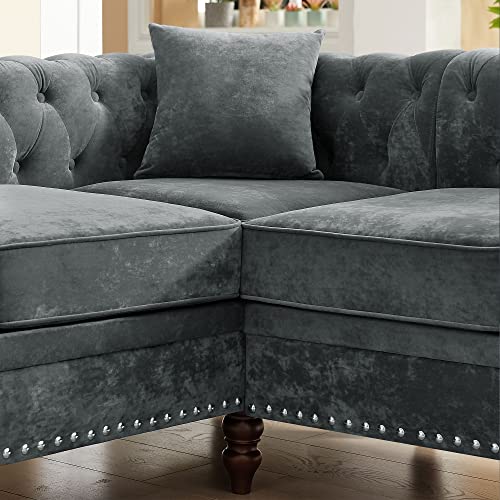 ERYE 80" L-Shaped Corner Symmetrical Sectional Sofa,Button Tufted Velvet Upholstered Modular Sofa & Couch,Classic Chesterfield Luxury Roller Armrest Couch,Nail Head Decor with 3 Pillows,Graphite Gray
