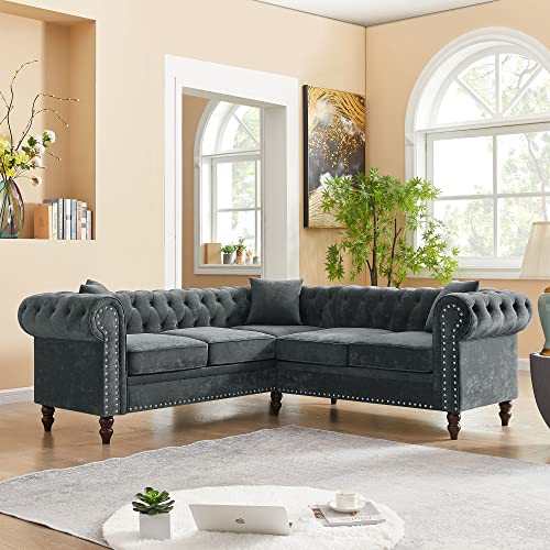 ERYE 80" L-Shaped Corner Symmetrical Sectional Sofa,Button Tufted Velvet Upholstered Modular Sofa & Couch,Classic Chesterfield Luxury Roller Armrest Couch,Nail Head Decor with 3 Pillows,Graphite Gray