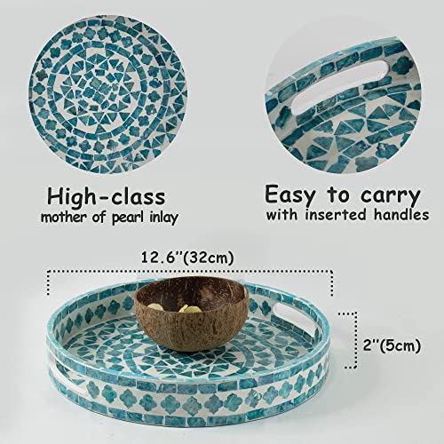 Mother of Pearl Inlay Round Serving Tray | Coffee Table Wooden Tray w Insert Handles - Luxury Decorative Platters for Party, Dinner, Breakfast in Bed - by MadeTerra (Round-Teal)