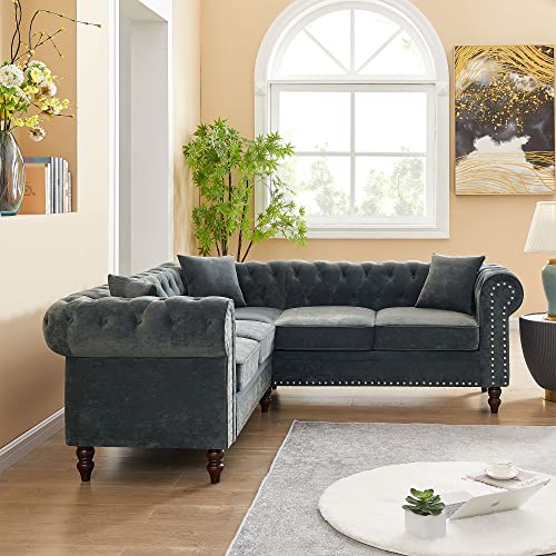 ERYE 80" L-Shaped Corner Symmetrical Sectional Sofa,Button Tufted Velvet Upholstered Modular Sofa & Couch,Classic Chesterfield Luxury Roller Armrest Couch,Nail Head Decor with 3 Pillows,Graphite Gray