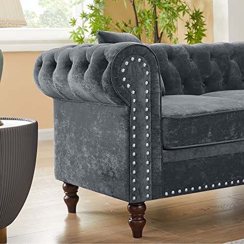 ERYE 80" L-Shaped Corner Symmetrical Sectional Sofa,Button Tufted Velvet Upholstered Modular Sofa & Couch,Classic Chesterfield Luxury Roller Armrest Couch,Nail Head Decor with 3 Pillows,Graphite Gray