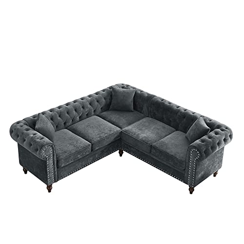 ERYE 80" L-Shaped Corner Symmetrical Sectional Sofa,Button Tufted Velvet Upholstered Modular Sofa & Couch,Classic Chesterfield Luxury Roller Armrest Couch,Nail Head Decor with 3 Pillows,Graphite Gray