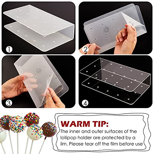 2Pack Upgraded Acrylic Cake Pop Display Stand 15 Hole Clear Acrylic Lollipop Holder with 50Pcs Lollipop Sticks, 50Pcs Packaging Bags and 50Pcs Gold Metallic Twist Ties