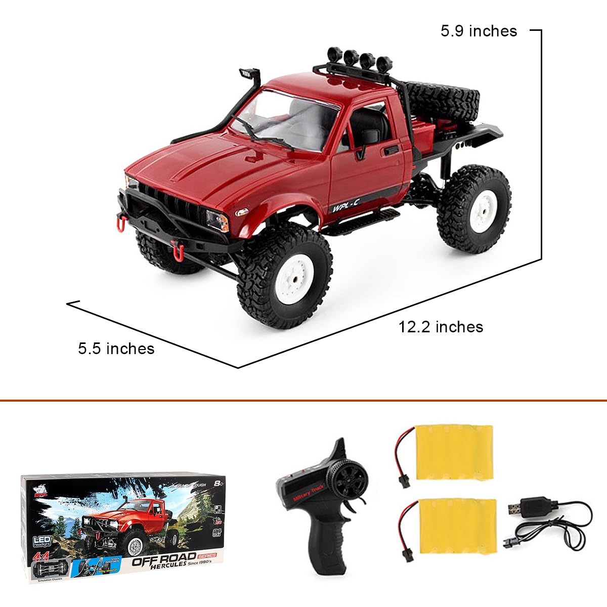 Losbenco RC Crawler 1/16 Scale RC Rock Crawler, WPL C14 All Terrain RC Car RTR 4x4 Off-Road Remote Control Trucks with LED Lights and Two Batteries for Kids and Adults