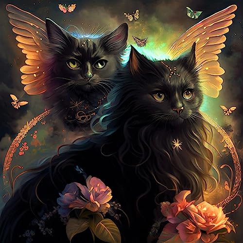 Black Cat Angel Wing Resin DIY 5D Diamond Painting Kits, Full Round Crystal Rhinestone Mosaic Abstract Scenery Diamond Art Gem Dots Craft for Home Wall Art Kit Decoration 30x30cm
